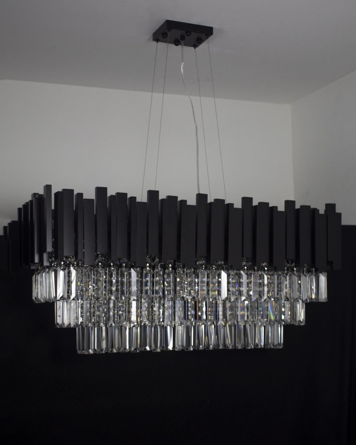 Lustre Pendente Retangular Preto Cristal Transparente 80x30cm 124 ...