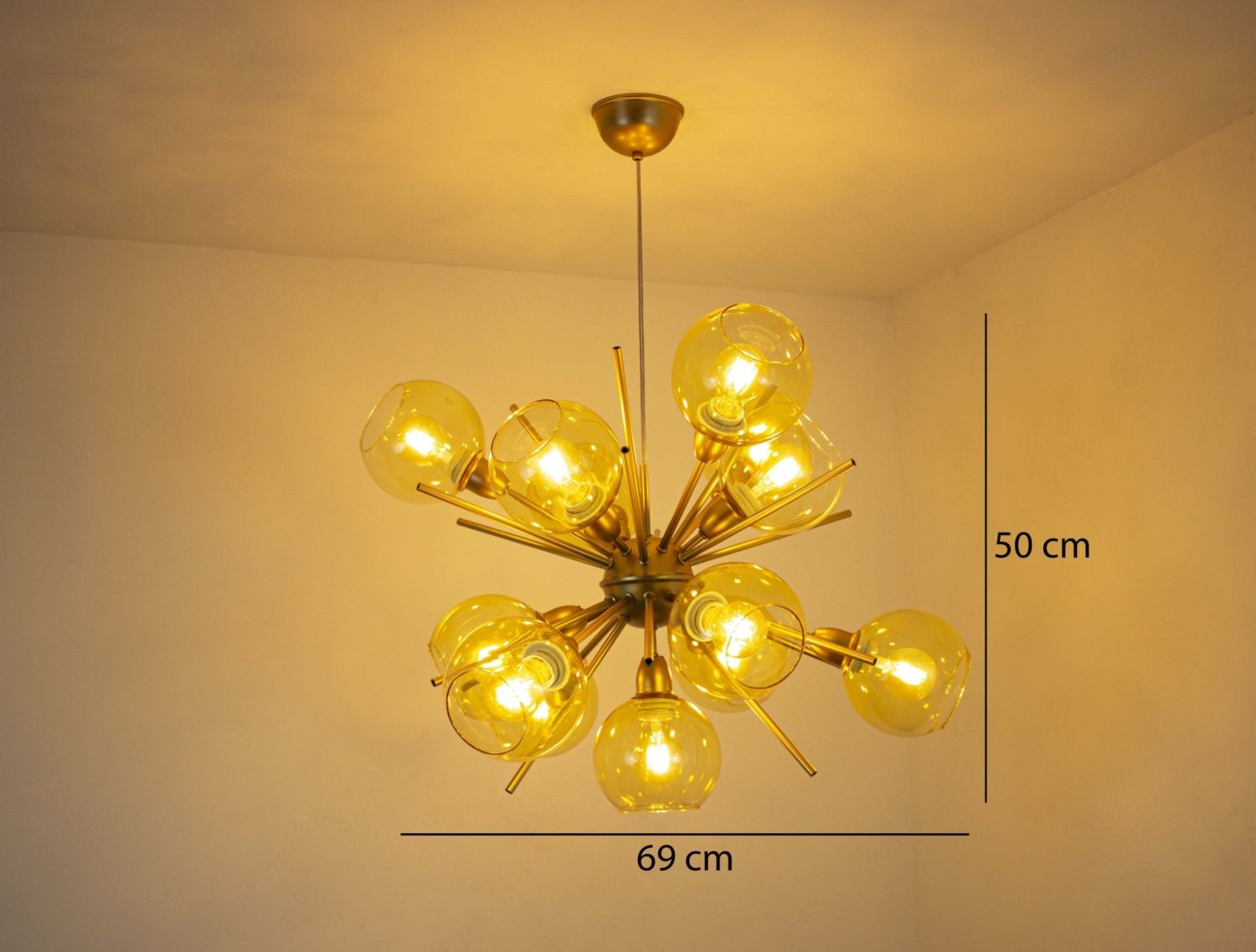 Lustre Pendente 13 Bolas Vidro Âmbar Dourado Fosco 254 – IluminaMundo